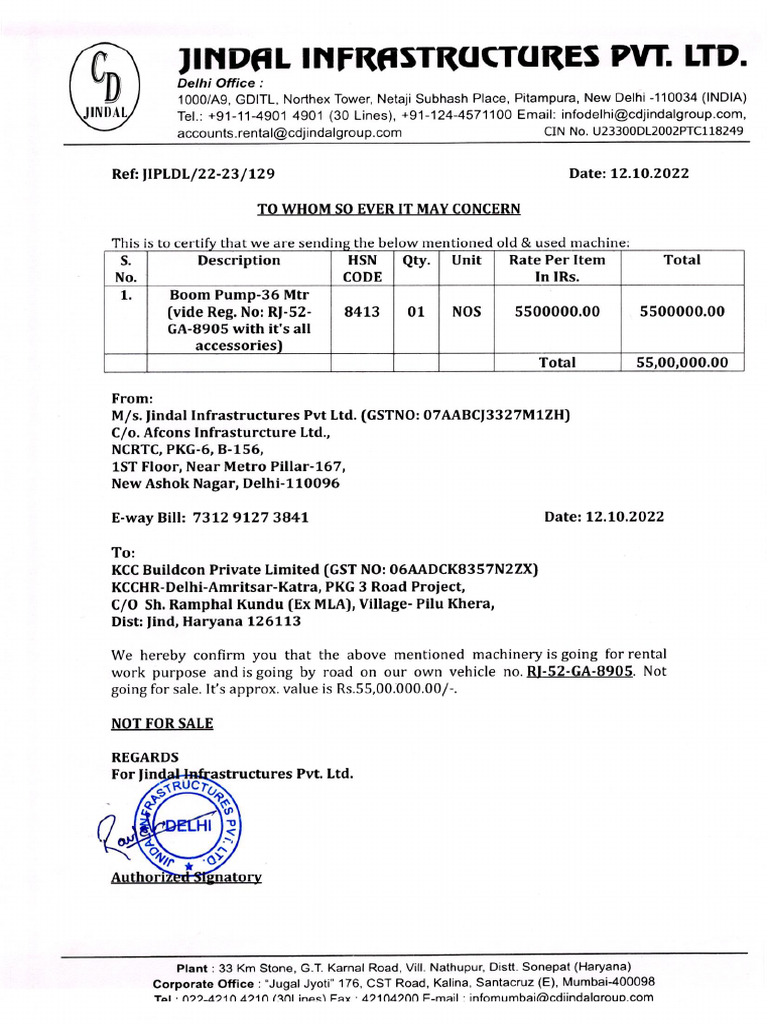 129-Sarai Kale Khan To KCC Jind-Boom Pump (RJ52GA8905) | PDF