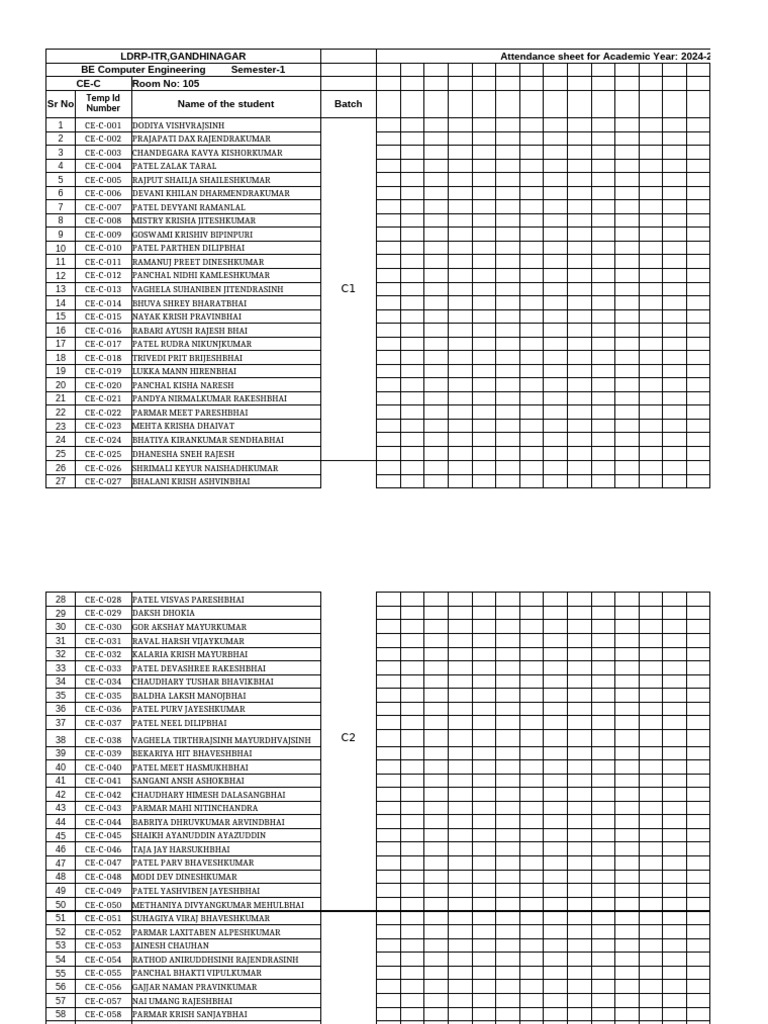 Sem-1 CE-C Attendance Sheet August-2024 | PDF