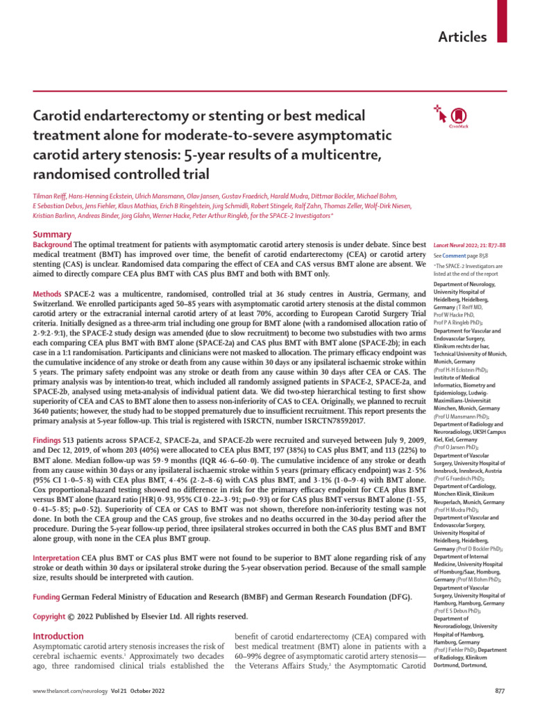 SPACE-2 CEA Vs CAS Vs BMM Mod-Severe ACAS Lancet Neuro 2022 | PDF ...