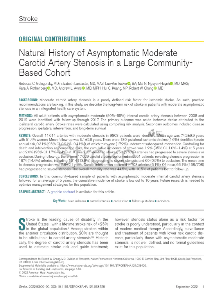Natural History Asymptomatic Moderate Stenosis Stroke 2022 | PDF ...