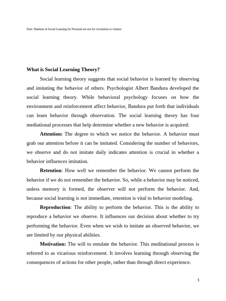 Social Learning Theory Handout | PDF | Reinforcement | Imitation