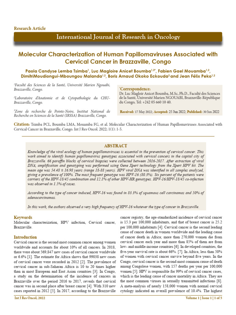Molecular Characterization of Human Papillomaviruses Associated With Cervical Cancer in ...