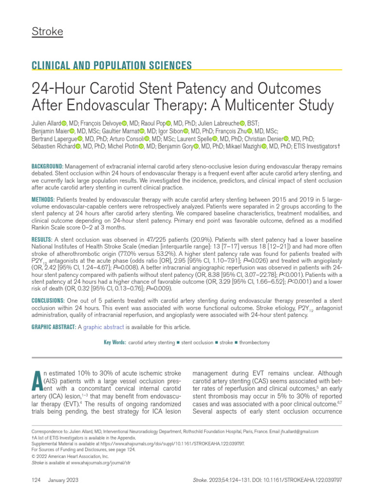 CAS 24h Patency and Outcomes After EVT Stroke 2023 | PDF | Stent | Interventional Radiology