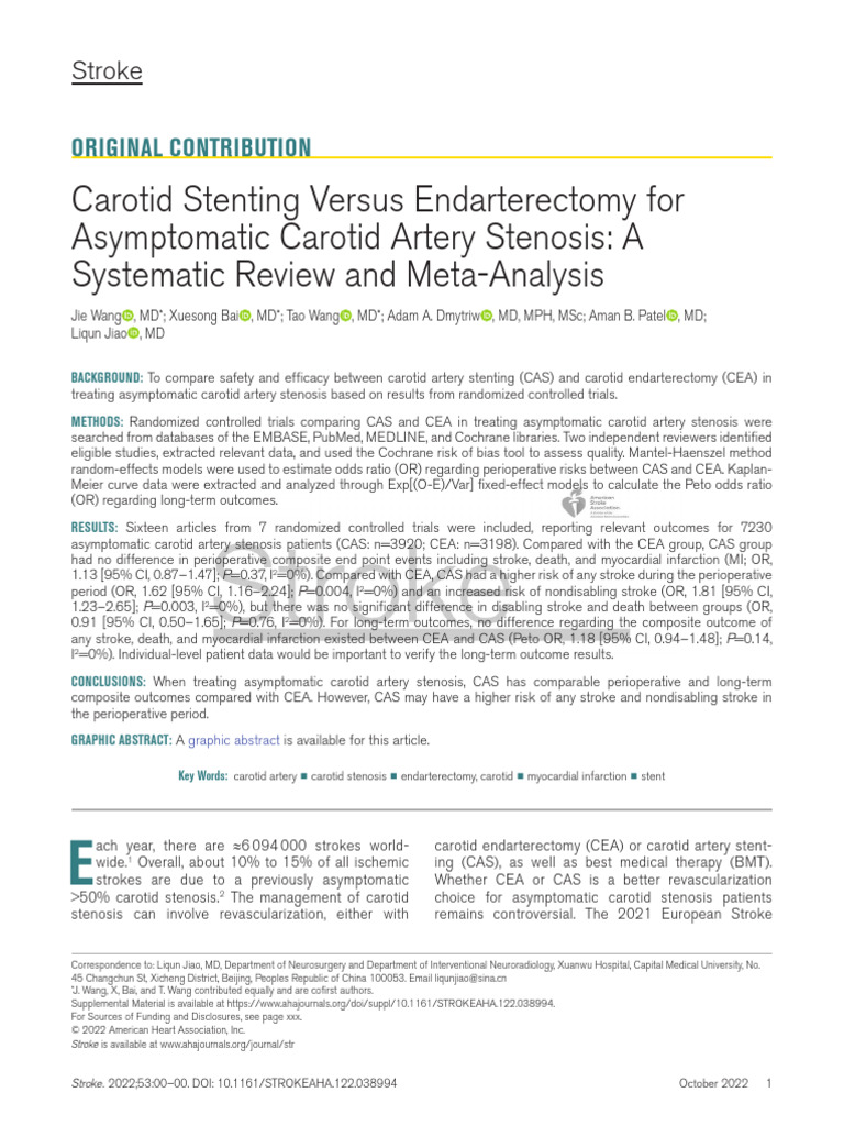 CAS Vs CEA For Asymptomatic Stenosis Meta Analysis Stroke 2022 | PDF ...