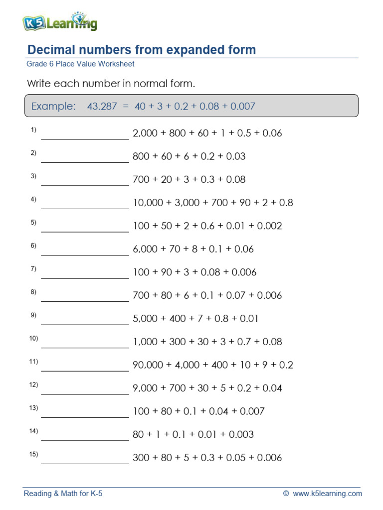 Grade 6 Place Value Normal Form 6 Decimal Digits B | PDF | Teaching ...