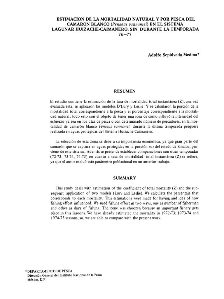 CP01-08 Estimaci N de La Mortalidad Del Camar N Blanco Penaeus Vanname en El Sistema Lagunar ...