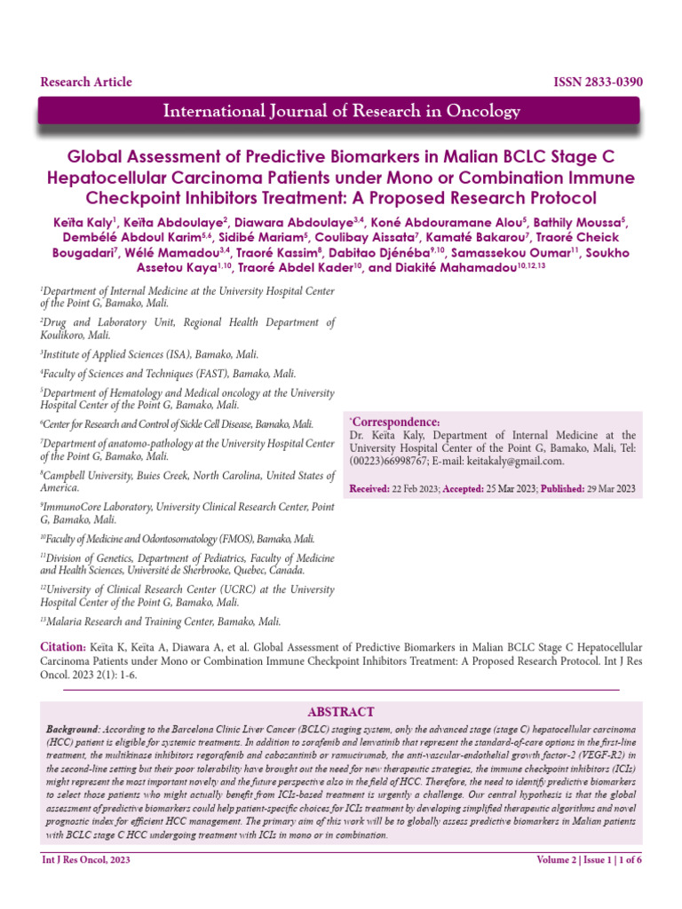 Global Assessment of Predictive Biomarkers in Malian BCLC Stage C ...