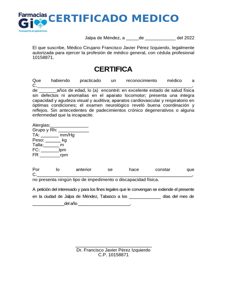 Certificado Medico Rellenable | PDF | Ciencia y matemáticas