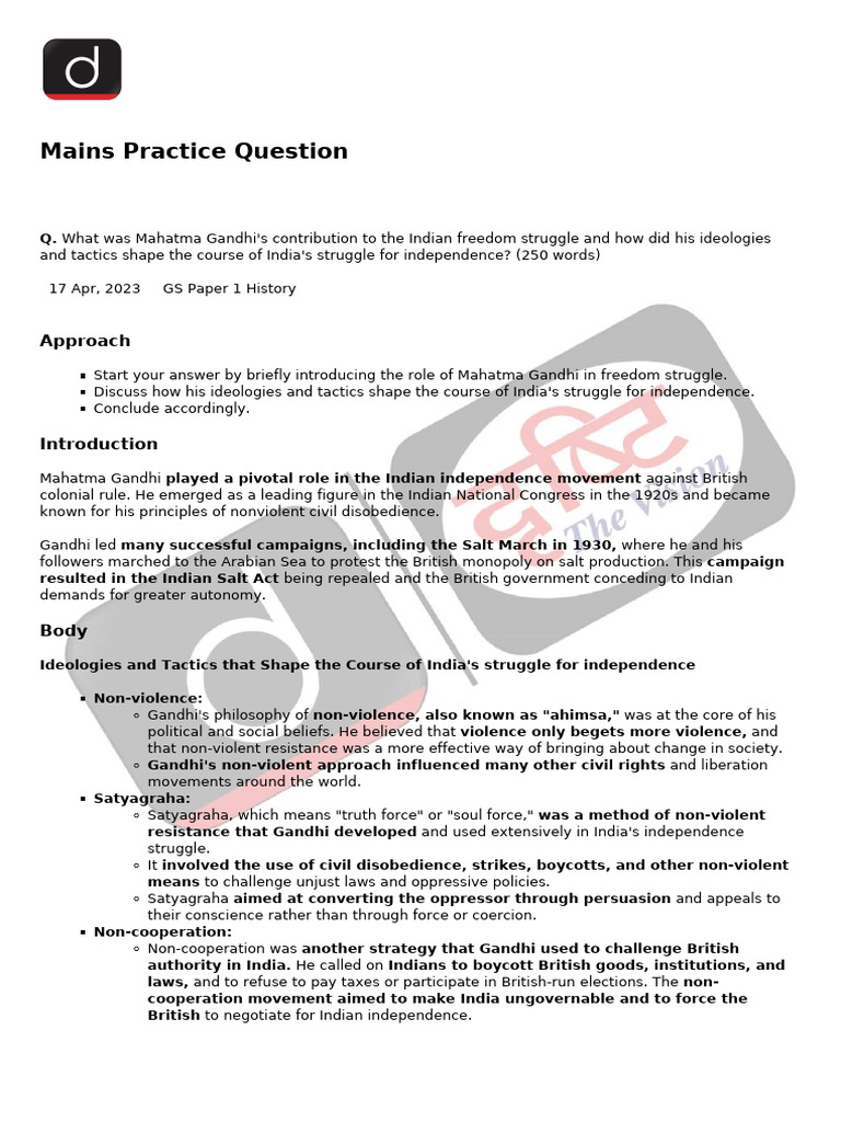 Mains Practice Question: Approach | PDF | Nonviolence | Mahatma Gandhi