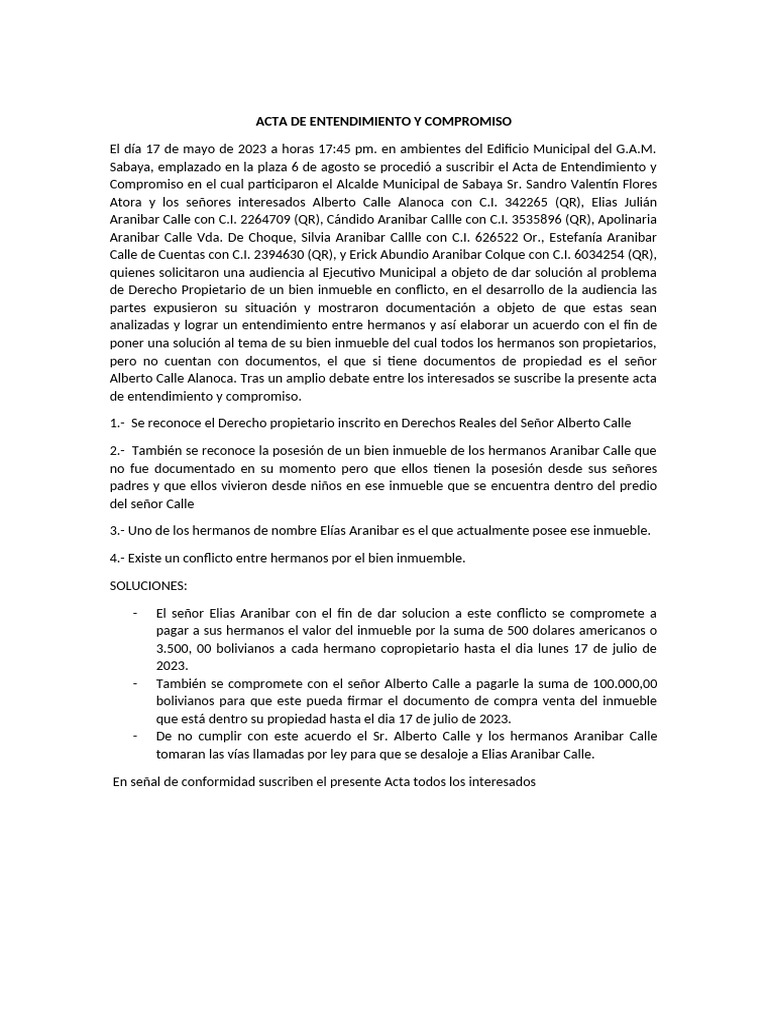 Acta de Entendimiento y Acuerdo | PDF