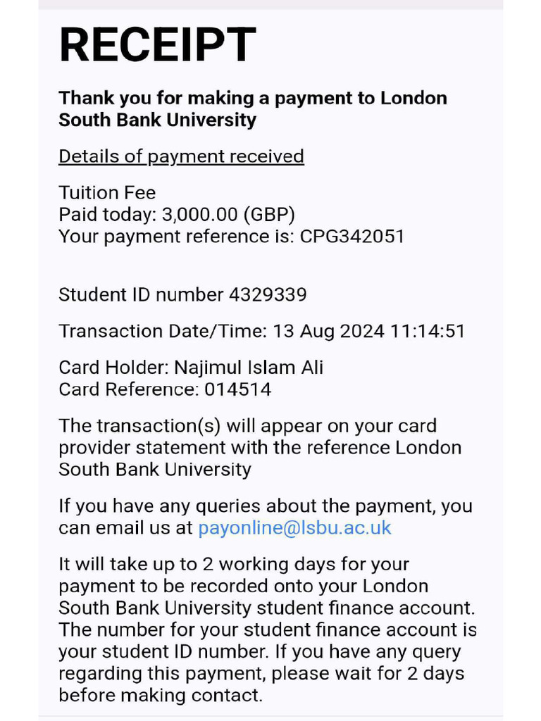 Payment University UK Receipt (5000 GBP) | PDF