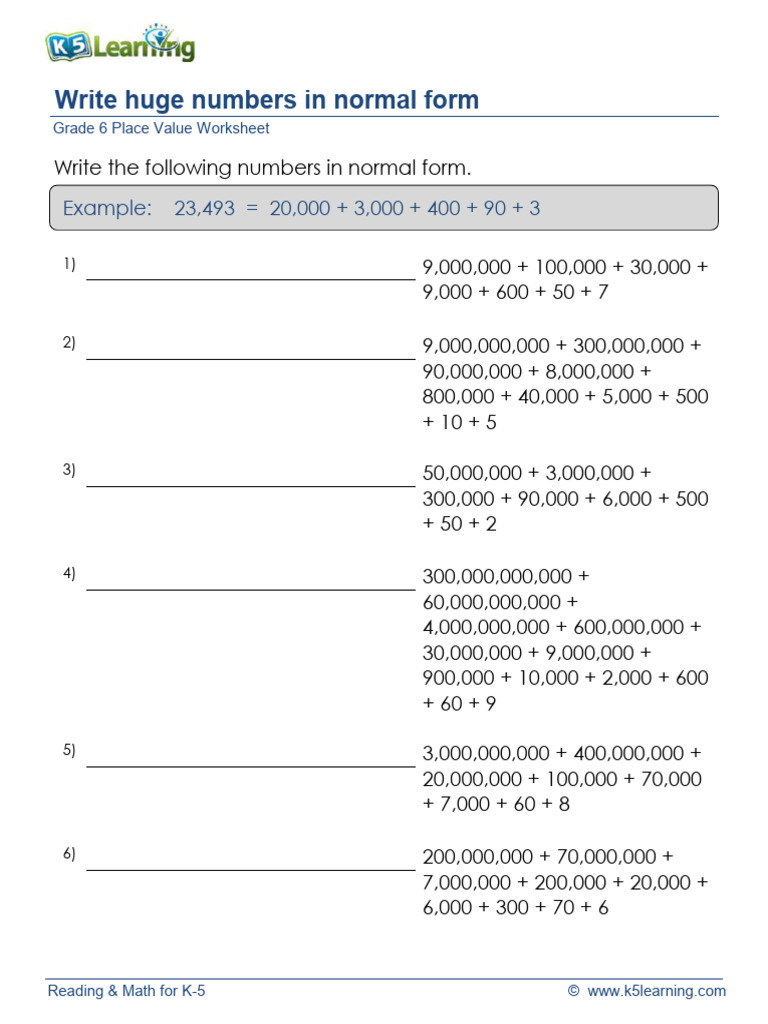 Grade 6 Place Value Normal Form 12 Digits A | PDF