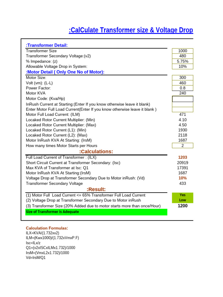Transformer Size - Voltage Drop Due To Starting of Large Size of Motors (7.7.24) | PDF ...