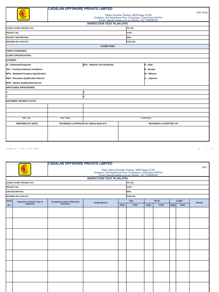 QA-R-1 - Inspection and Test Plan (ITP) | PDF | Welding | Construction