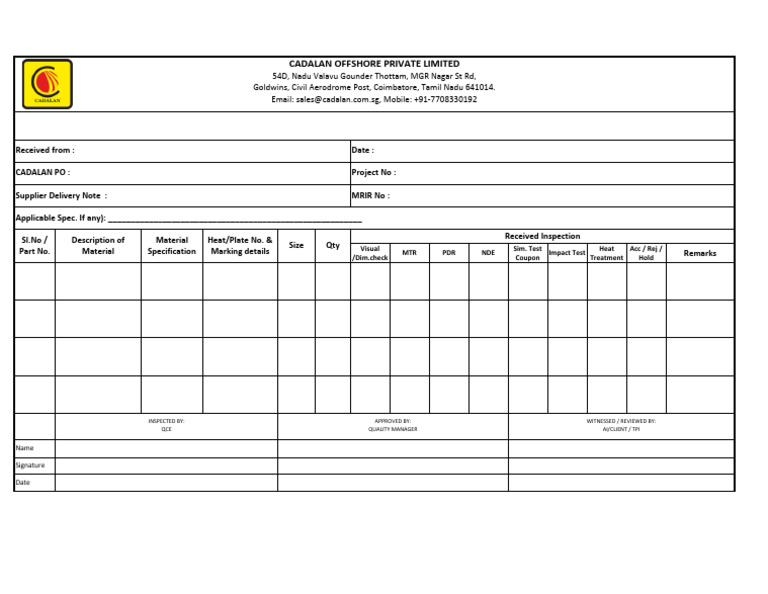 QA-R-2 - Material Receiving Inspection Report | PDF