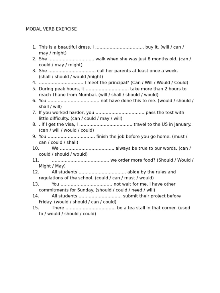English Grammar Exercise - MODALS | PDF | Language Arts & Discipline
