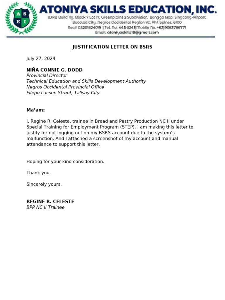 Justification Letter On BSRS | PDF
