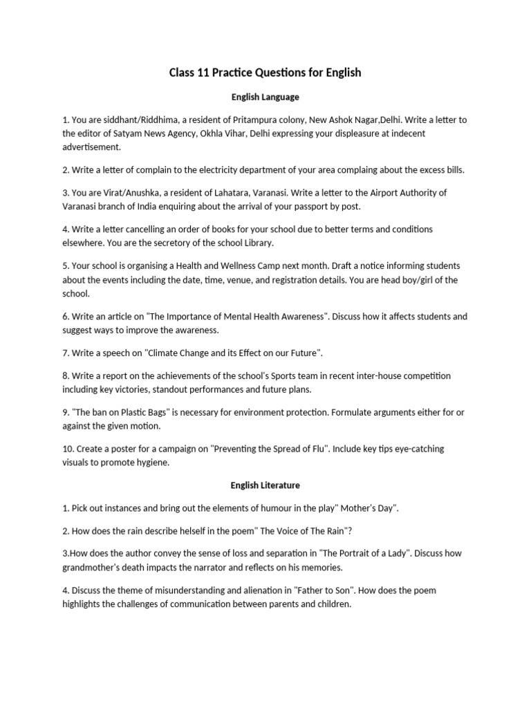 Class 11 English Practice Questions | PDF | Psychology
