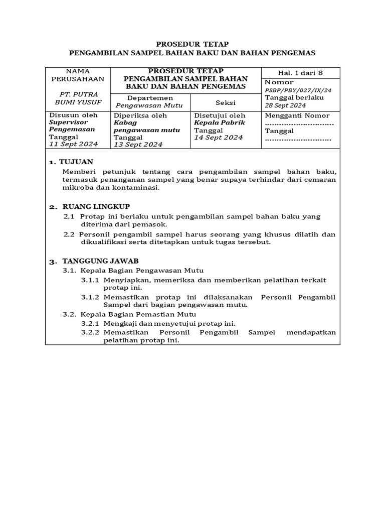 7.1 Protap Pengambilan Sampel Bahan Baku, Bahan Pengemas, Produk Ruahan ...