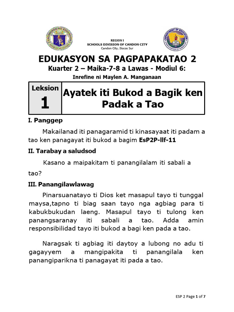 ESP 2 Q2 W7 8 M6 LDS Ayatek Iti Bukod A Bagik Ken Padak A Tao ALG RTP | PDF
