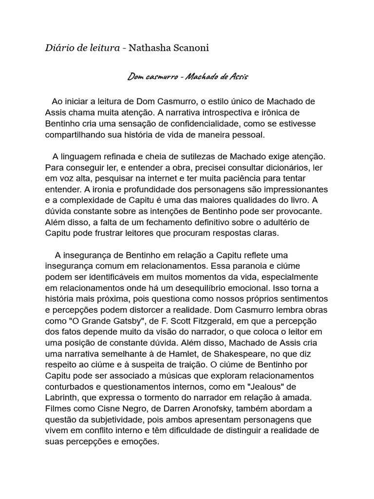 Diário de Leitura - Dom Casmurro | PDF | Ciúmes