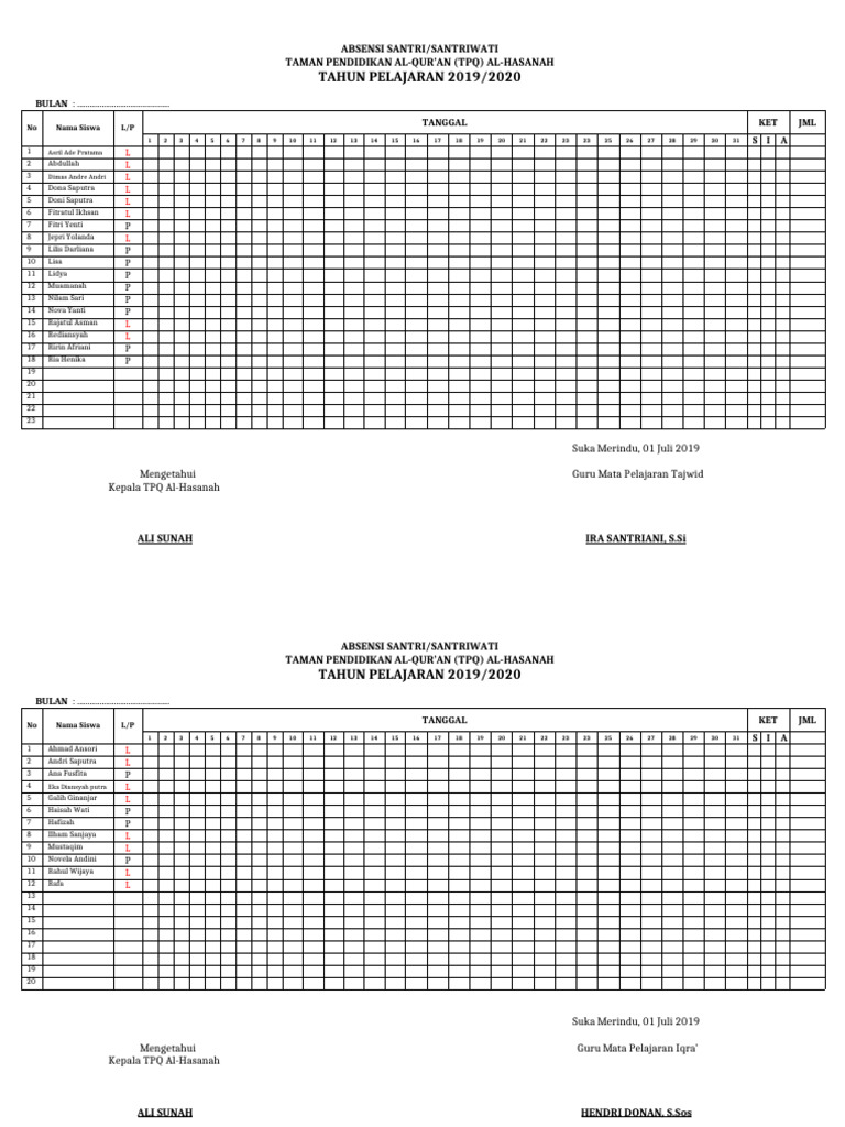Absensi Santri TPQ Al-Hasanah 2019/2020 | PDF