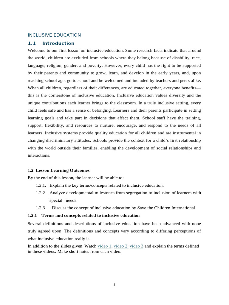 Lesson One -Inclusive Education -Supplimentary Notes | PDF | Inclusion ...