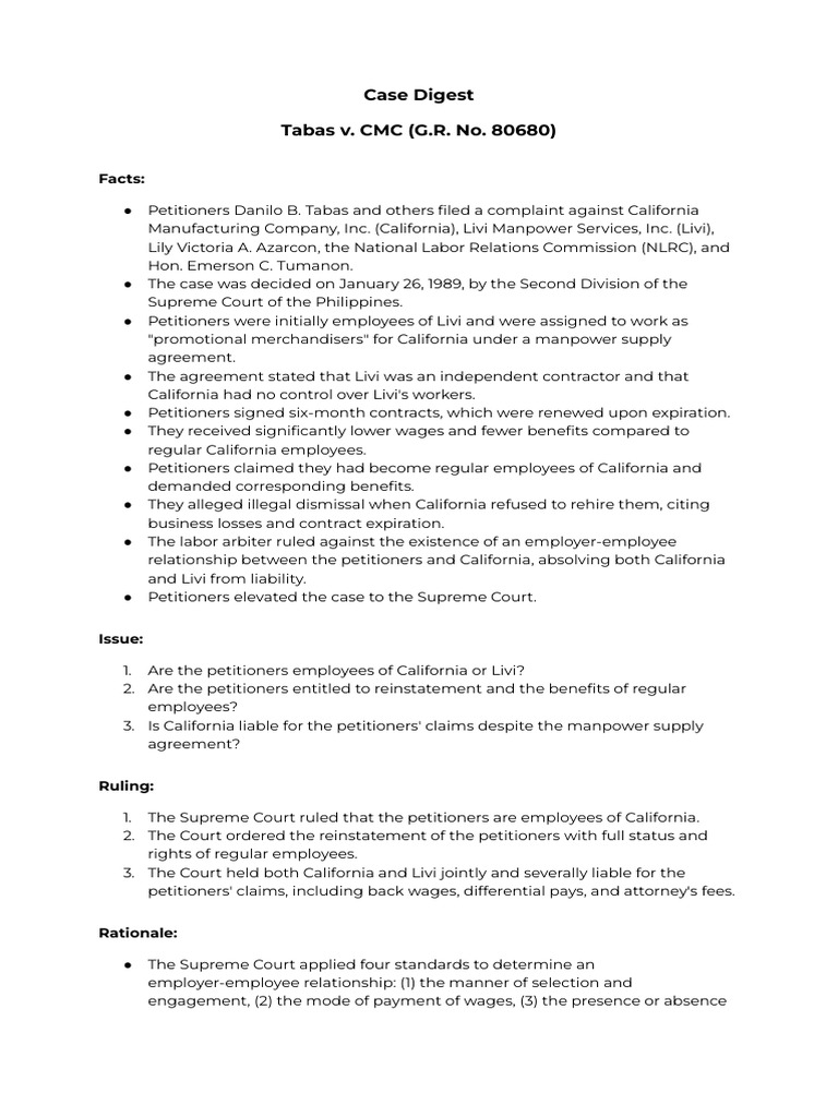 Tabas v. CMC | PDF | Employment | Labour Law