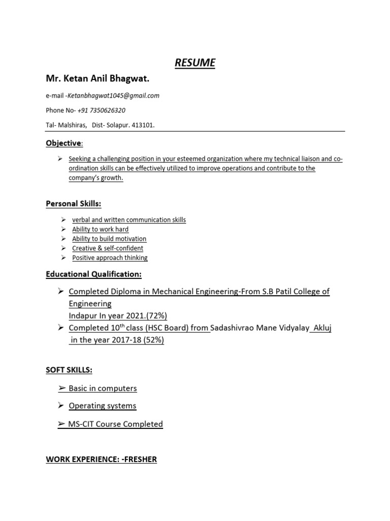 Ketan Bhagwat's Mechanical Engineering Resume | PDF