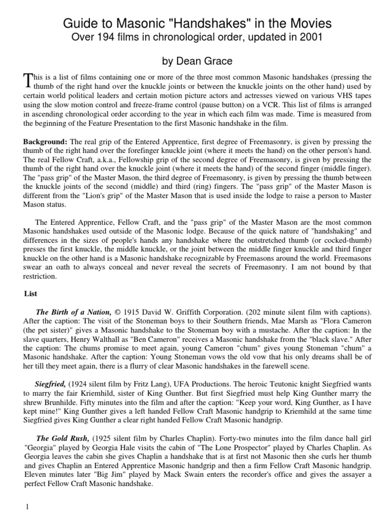 Grace - Guide To Masonic Handshakes in The Movies (Over 194 Films ...