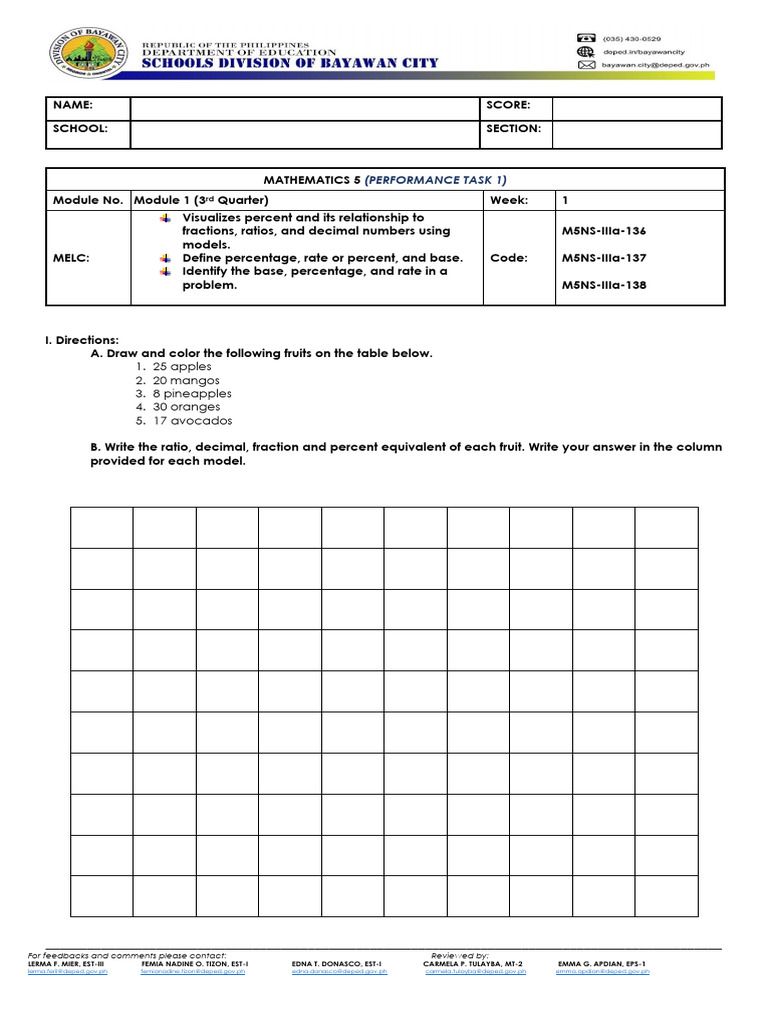 Math 5 Performance Task: Ratios & Percentages | PDF | Ratio | Division ...