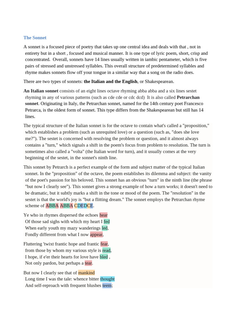 The Sonnet Pdf Sonnets Poetry