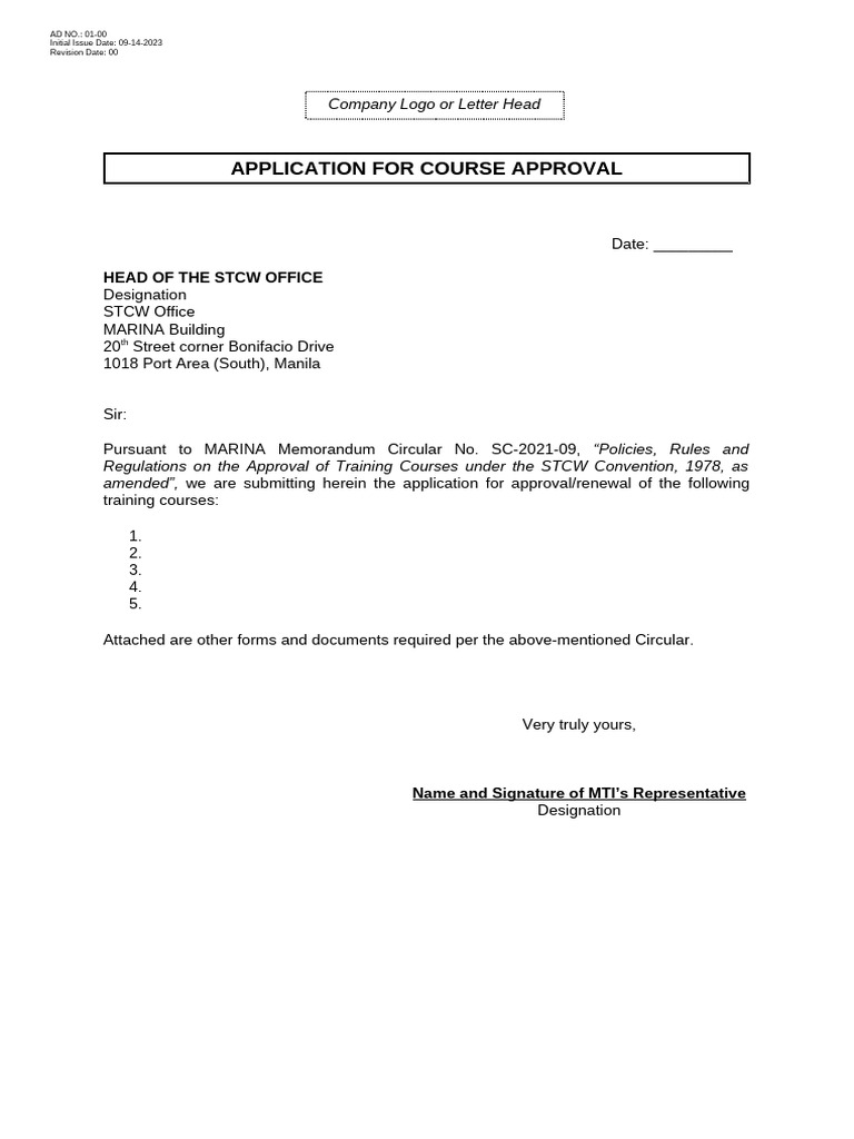 AD 01 Application For Course Approval Annex I | PDF