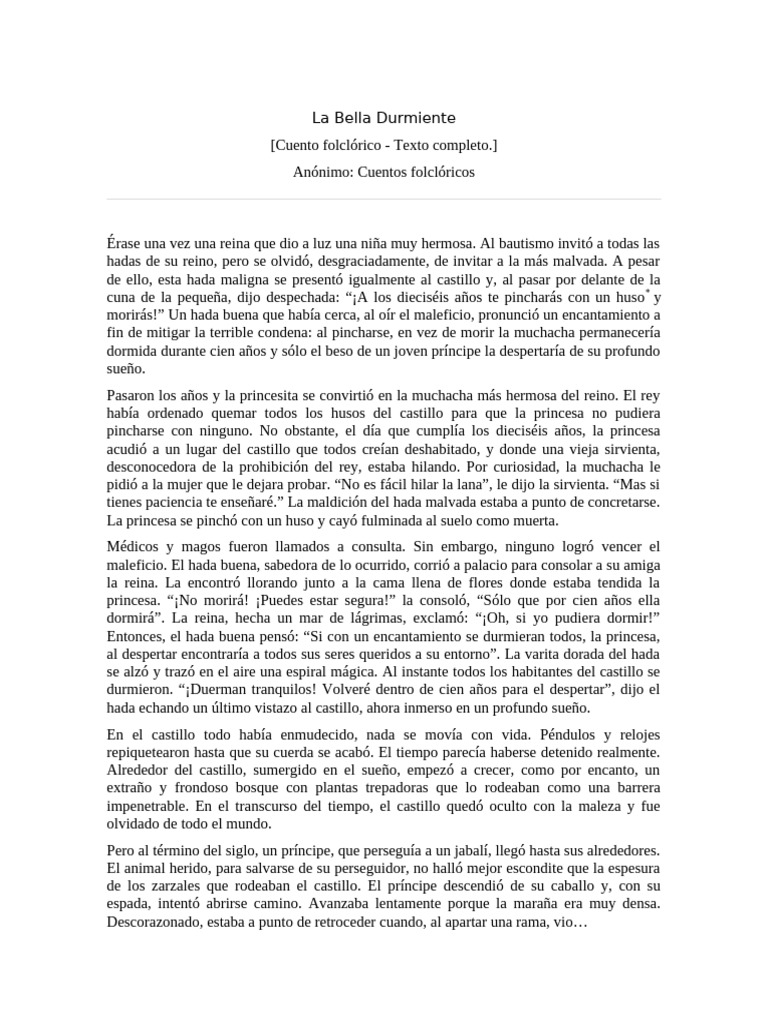 La Bella Durmiente: Cuento Completo | PDF | Bella Durmiente