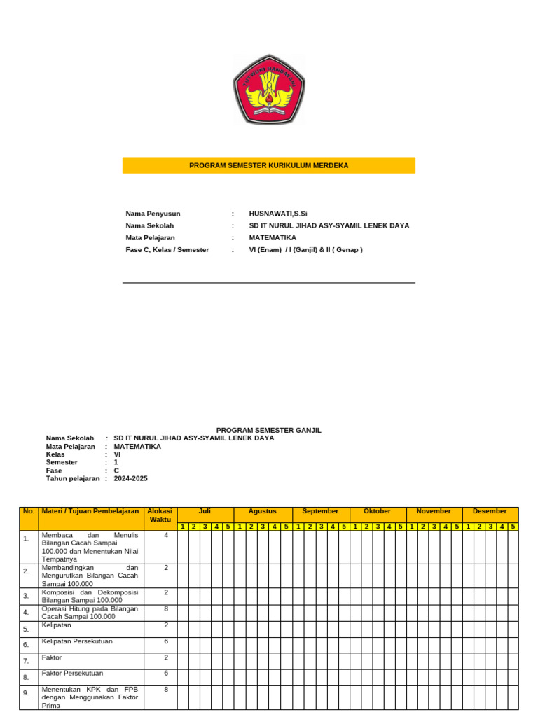 Program Semester Kurikulum Merdeka MTK | PDF
