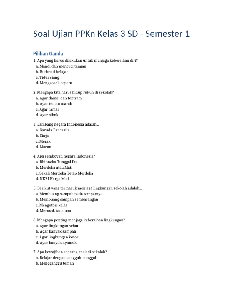 Soal Ujian PPKN Kelas 3 SD Semester 1 Full | PDF