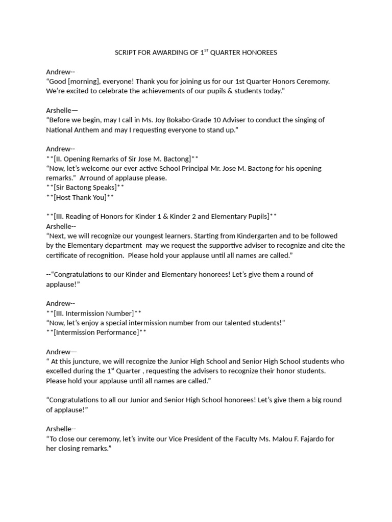 Script For Awarding of 1st Quarter Honorees | PDF