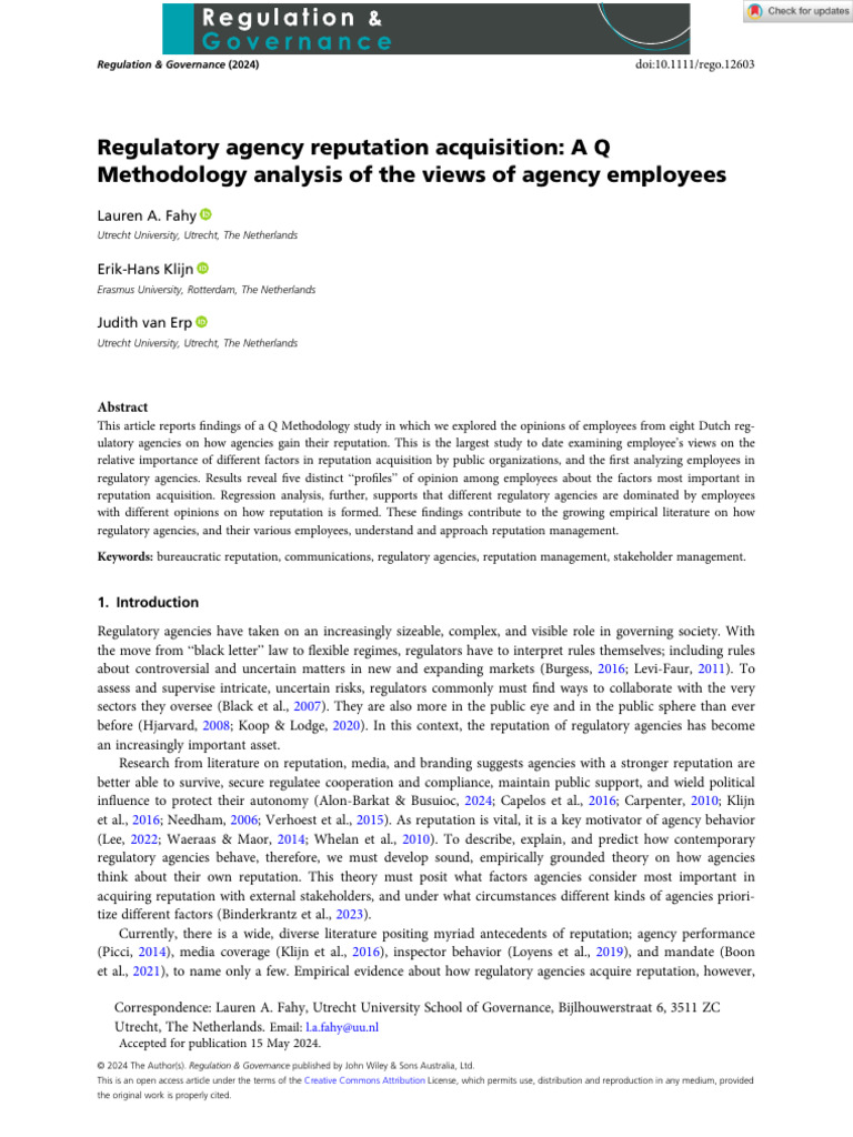 Regulation Governance - 2024 - Fahy - Regulatory Agency Reputation ... Regulation Governance - 2024 - Fahy - Regulatory Agency Reputation ...