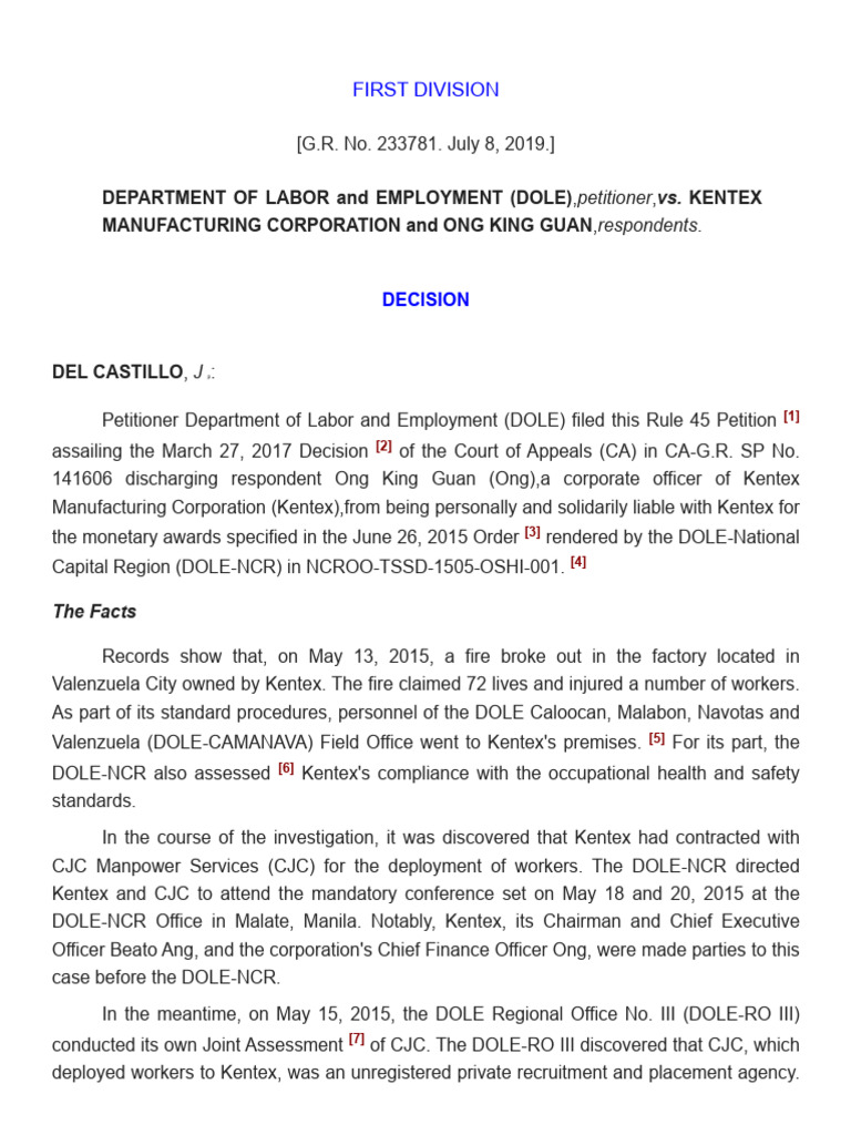 G.R. No. 233781 - Department of Labor and Employment v. Kentex ...