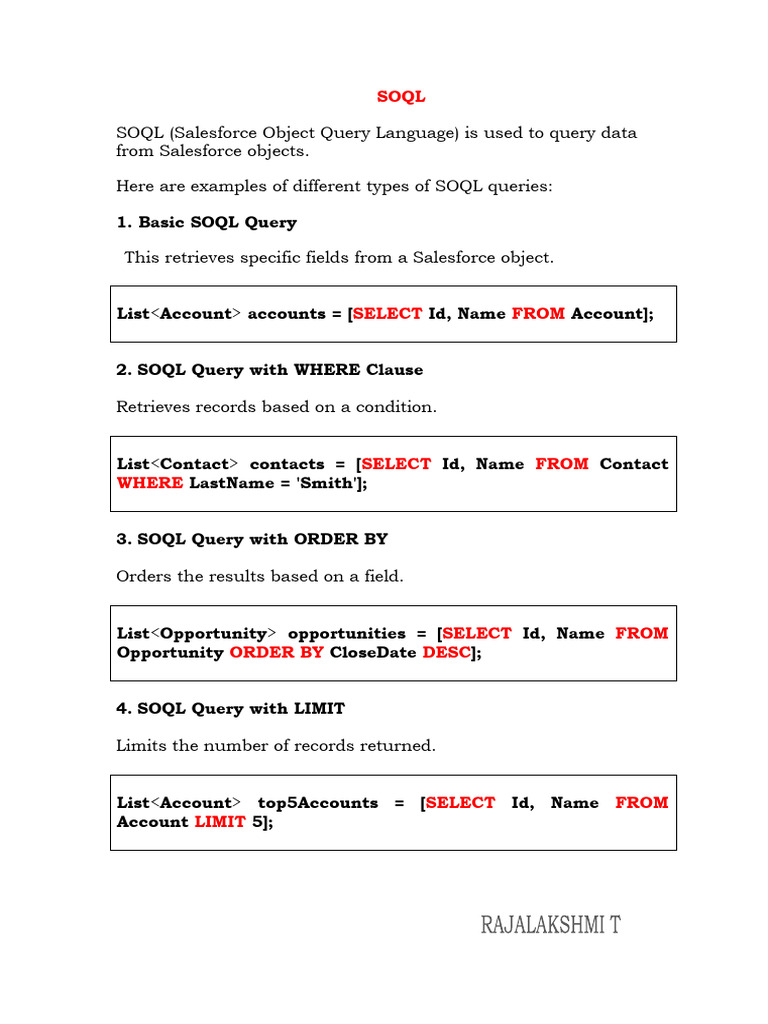 Basic SOQL Query 1730815763 | PDF | Information Retrieval | Computing