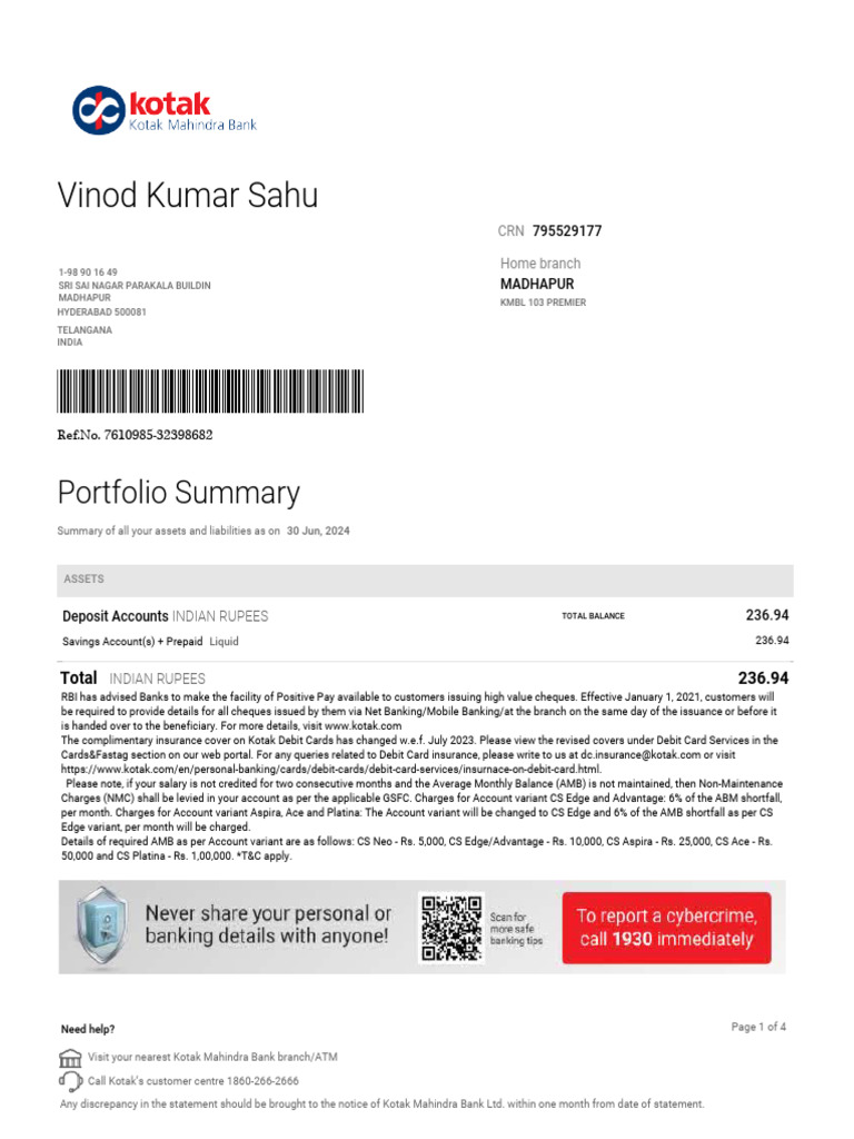 Kotak Bank Account Statement Summary | PDF | Banks | Credit Card