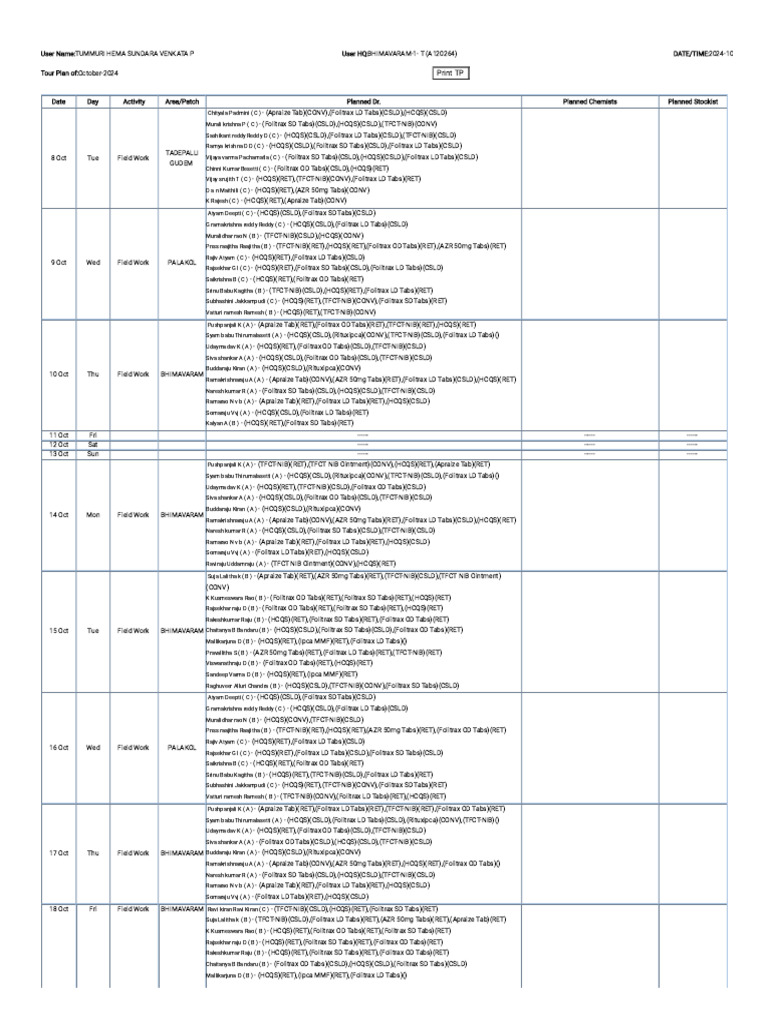 October 2024 Field Work Plan | PDF | Cinema Of India | Indian Films