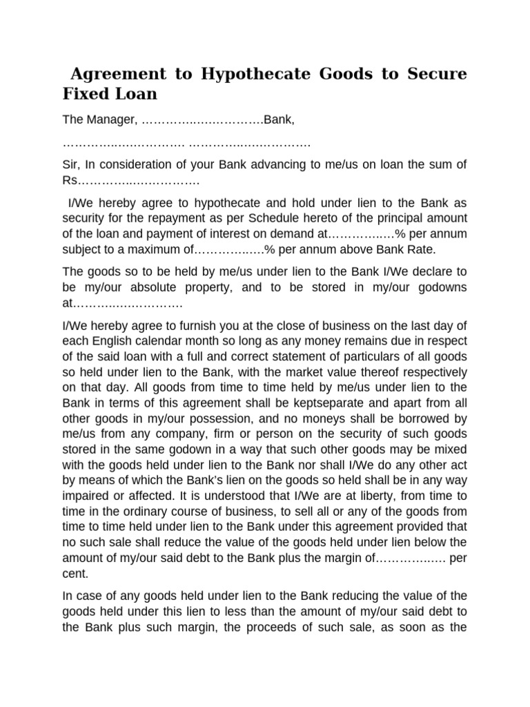Agreement To Hypothecate Goods To Secure Fixed Loan | PDF | Banks | Loans