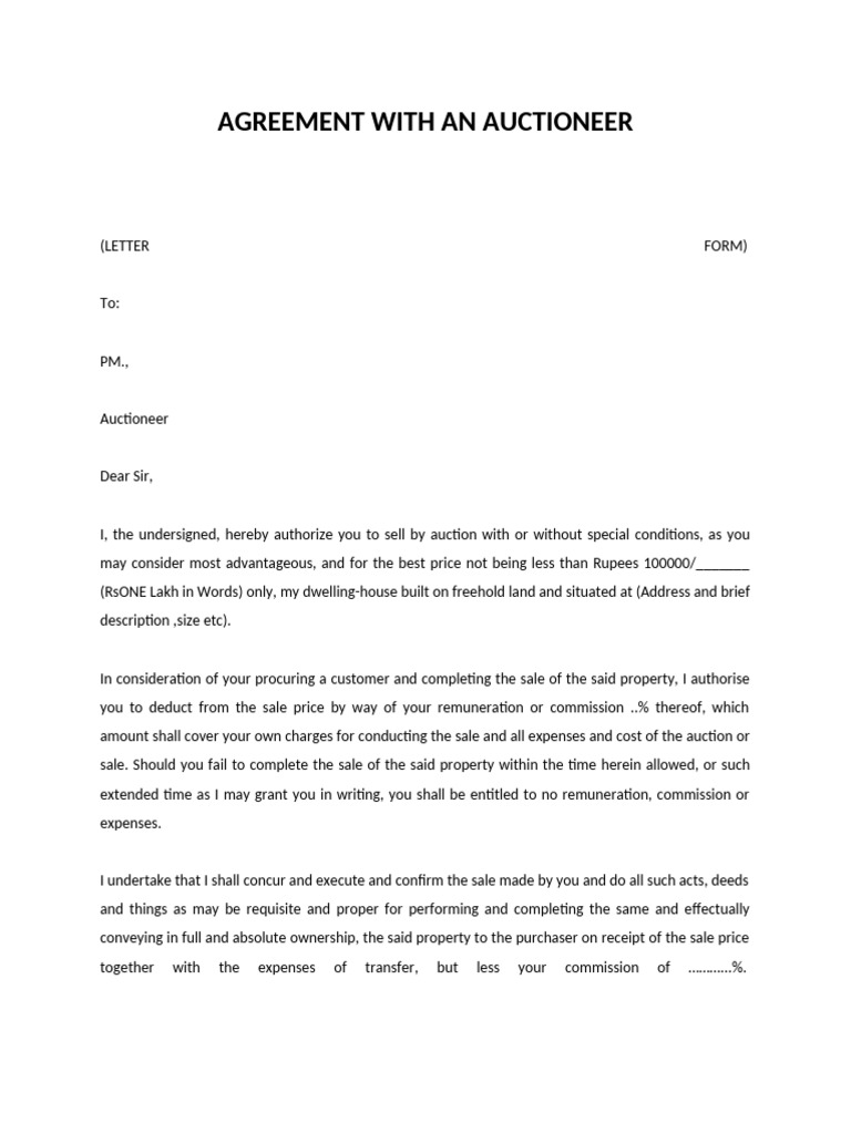 Auctioneer Agreement for Property Sale | PDF | Business