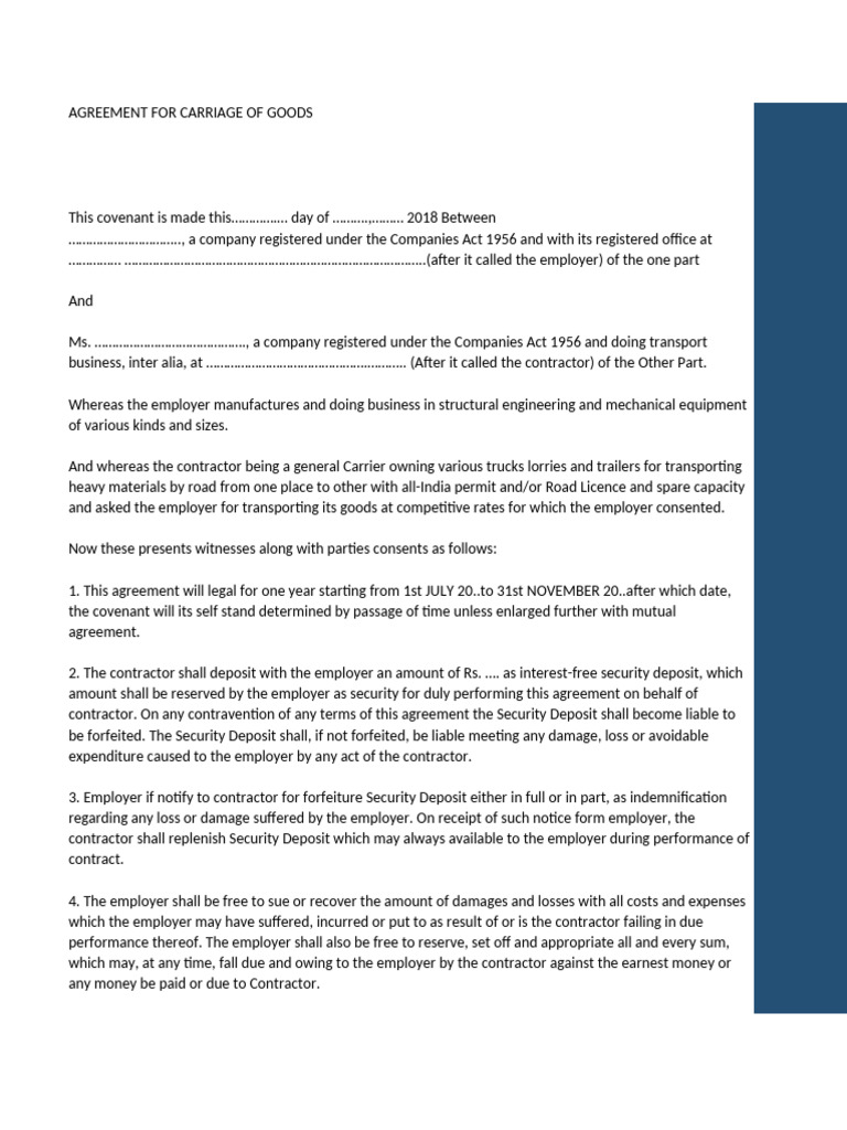 Carriage Agreement for Goods Transport | PDF | Employment | Legal Liability