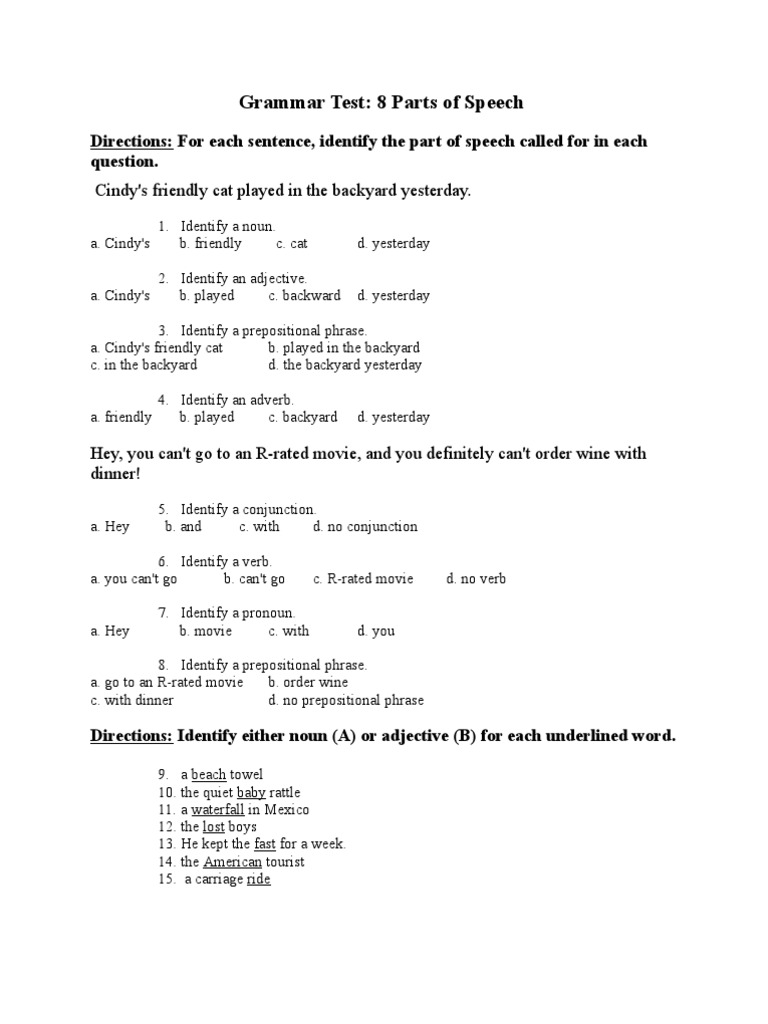 Grammar Test: Identify Parts of Speech | PDF | Part Of Speech ...