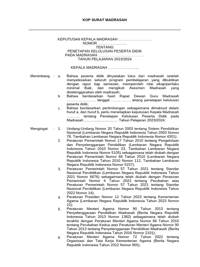 Contoh SK Kelulusan Madrasah | PDF