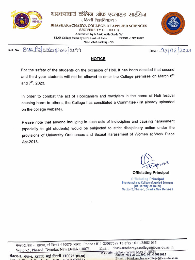 Notice For Students On Holi | PDF