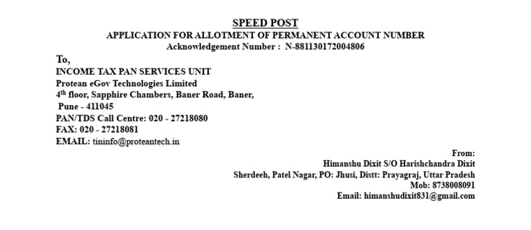 PAN Card Speed Post Acknowledgement | PDF