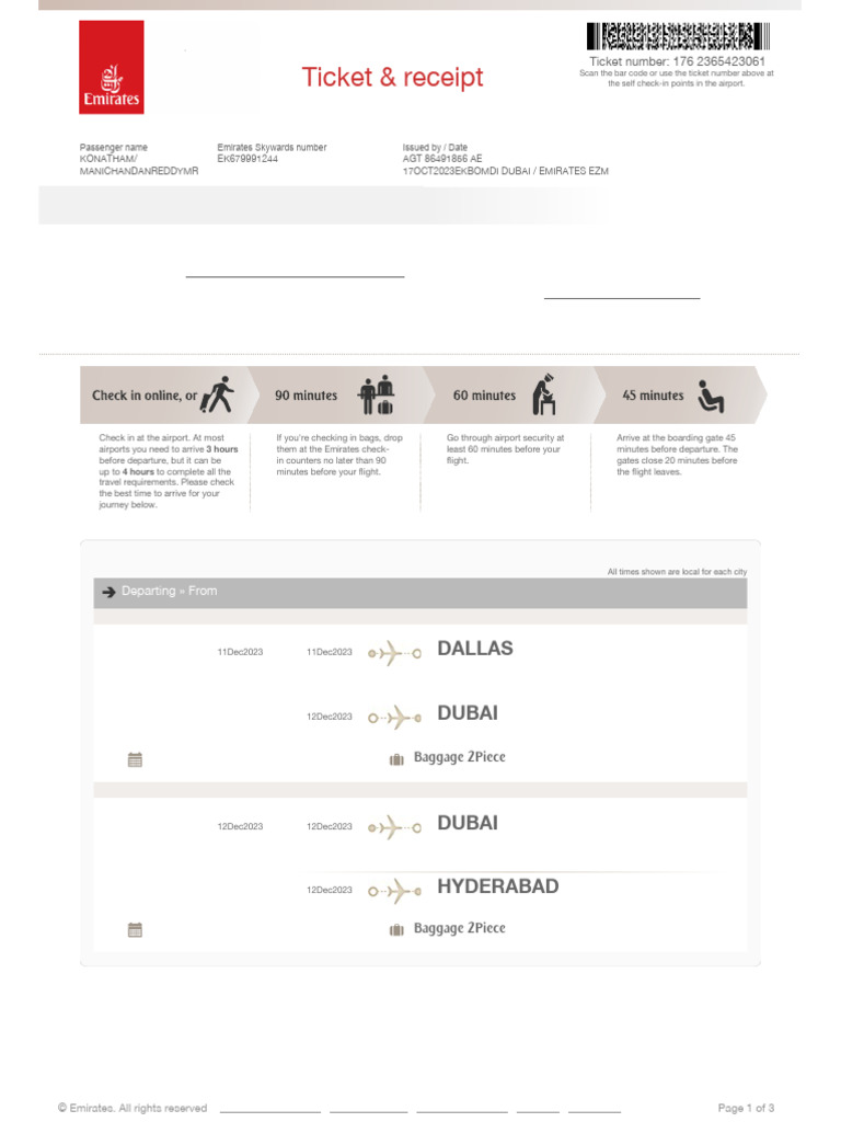 Emirates Ticket 2 | PDF | Airport | Emirates (Airline)